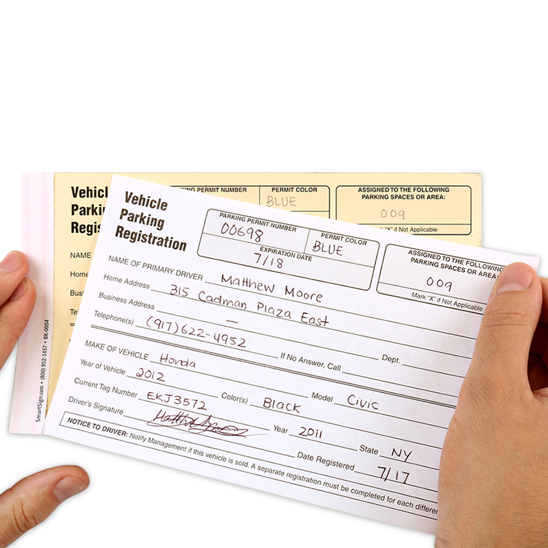 NCR 2 Part Vehicle Parking Registration Form Signs SKU BK 0054